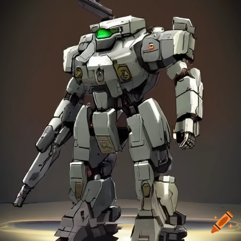 Military mecha with gunmetal color scheme and bulky armor in anime ...