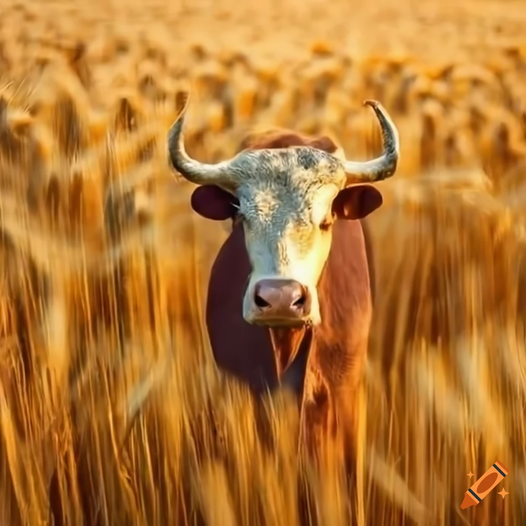 Tall wheat field with a strong ox working on Craiyon