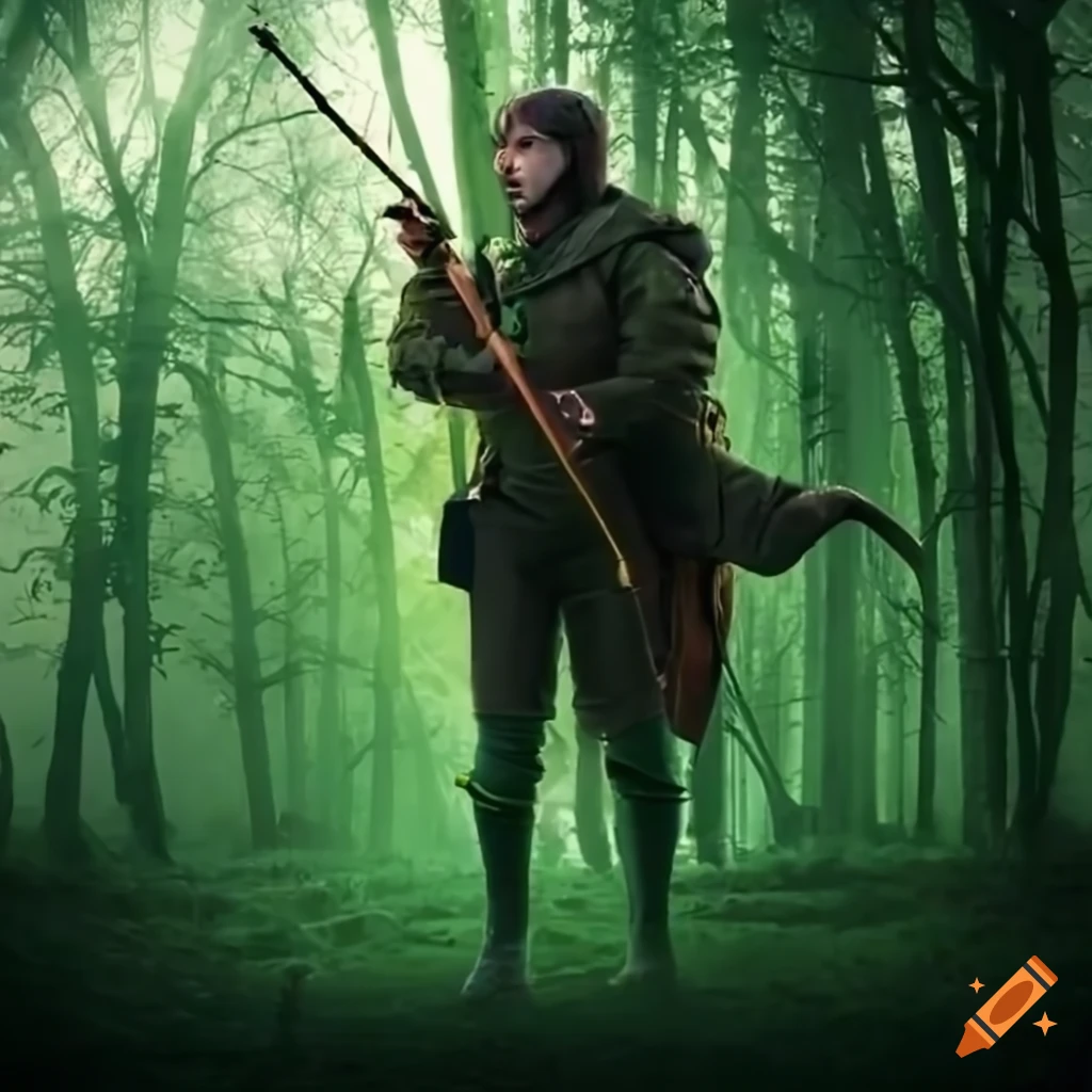 Human ranger aiming an arrow in an enchanted forest on Craiyon
