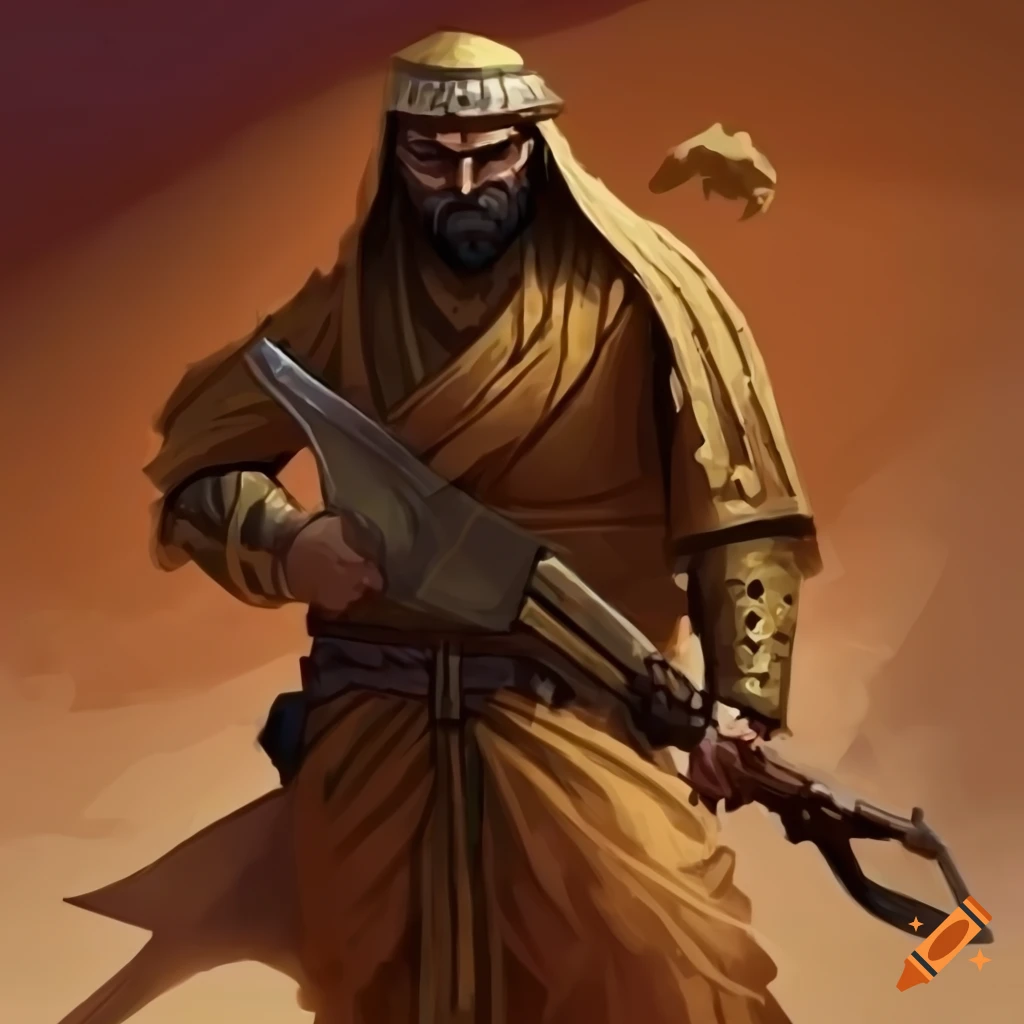 Arab warrior with javelin in a desert setting for d&d on Craiyon