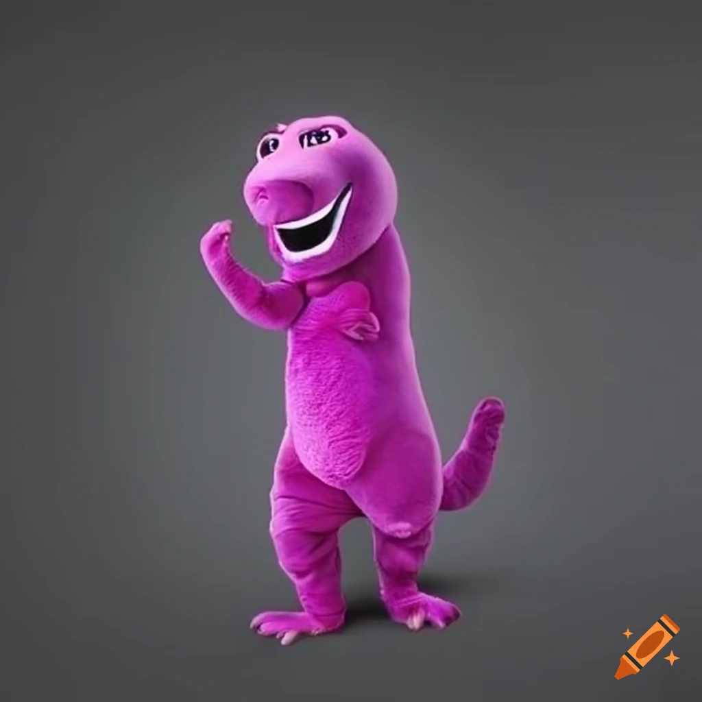 Weasel in a full body barney mascot costume crawling on Craiyon