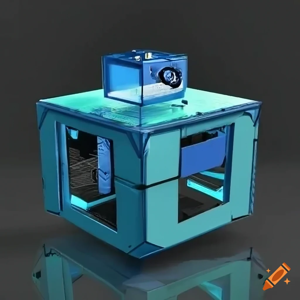 Blue-faced flying cube robot in digital art style on Craiyon