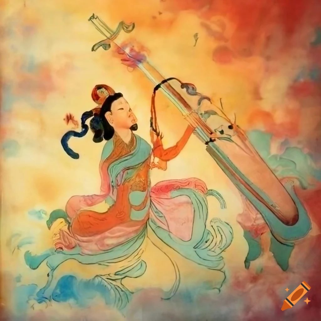 Ancient chinese painting of dunhuang celestial being flying in the sky with brightly colored ...