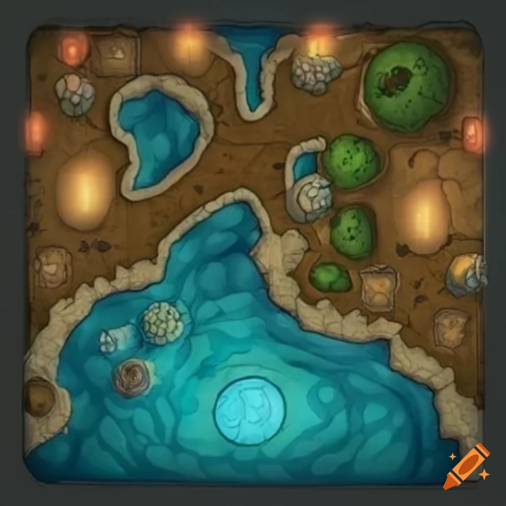 DND battle map of a dragon lair cavern with a swimming pool on Craiyon