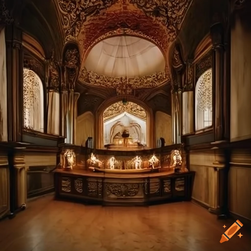 Magical reception desk in a fantasy school with intricate architecture ...