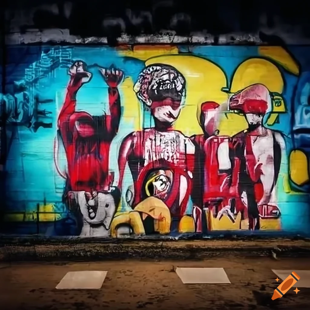 Graffiti style mural of four rappers on an urban wall on Craiyon