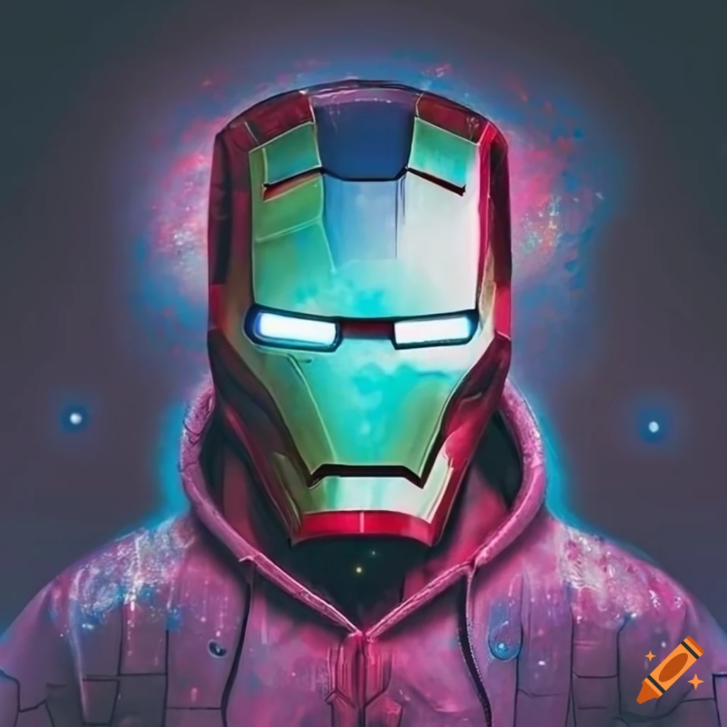 Sci-fi iron man mask with cosmic elements emerging from a hoodie on Craiyon