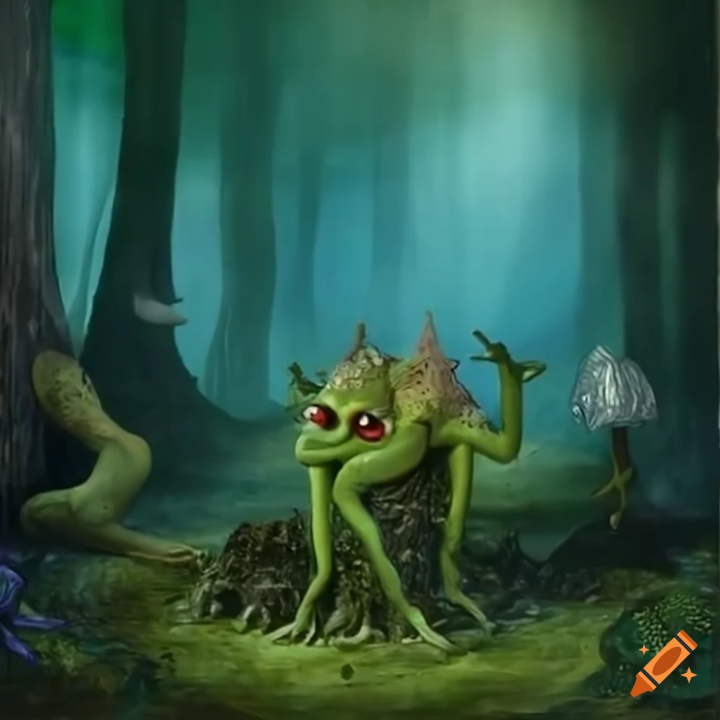 Enchanted forest scene with porcelain fairy and mutant omega mart on Craiyon