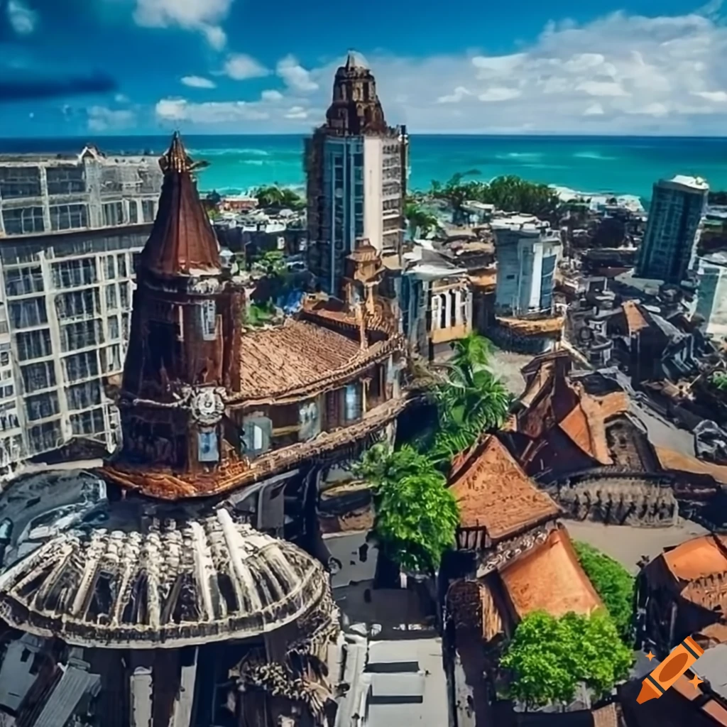 Steampunk polynesian city with domed roof buildings seen from a tall ...