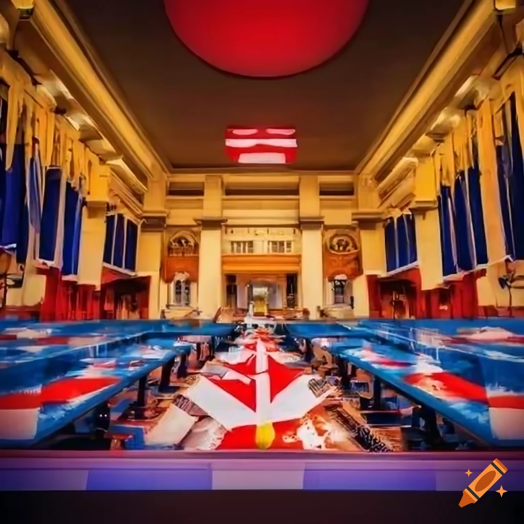 Anime cafeteria in parliament building with Philippine flags and ...