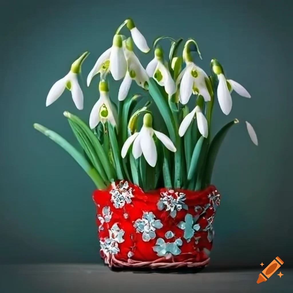 Snowdrops in a red and white traditional basket on Craiyon