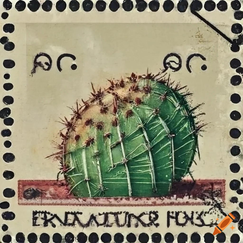 Vintage postage stamp featuring a barrel cactus on Craiyon