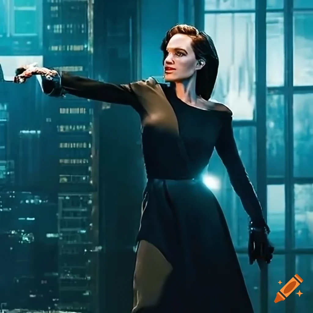 Angelina Jolie in action scene from Bladerunner on Craiyon