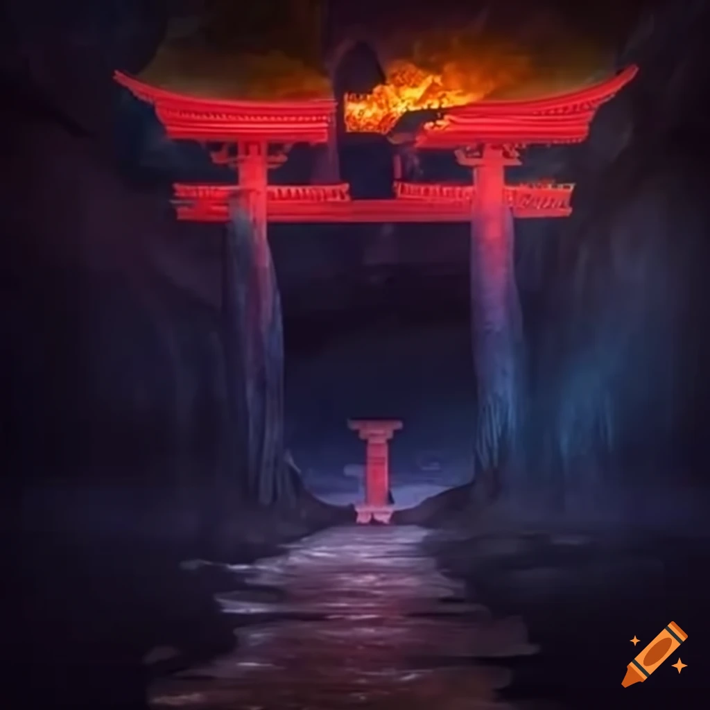 Mystical japanese torii gate illuminated by torches in a dark cave on ...