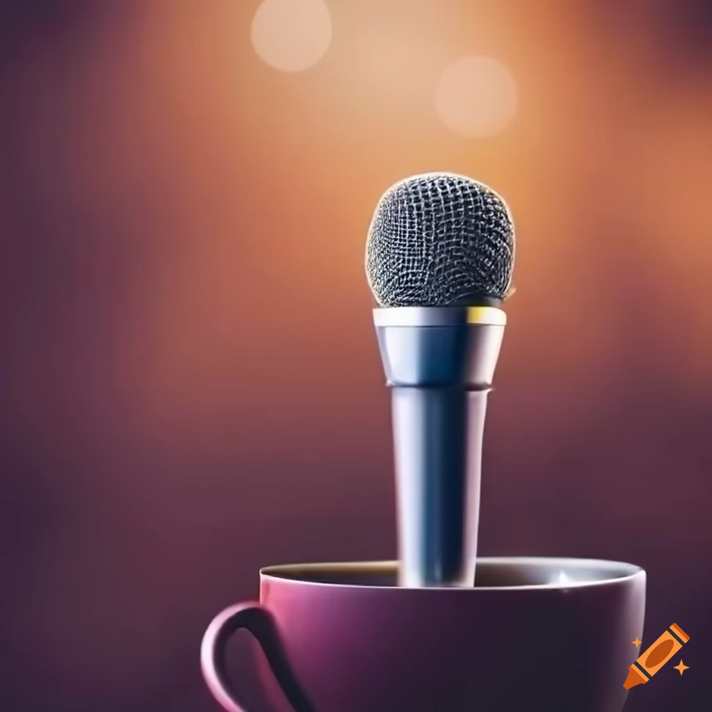 Coffee cup holding a microphone with warm background on Craiyon