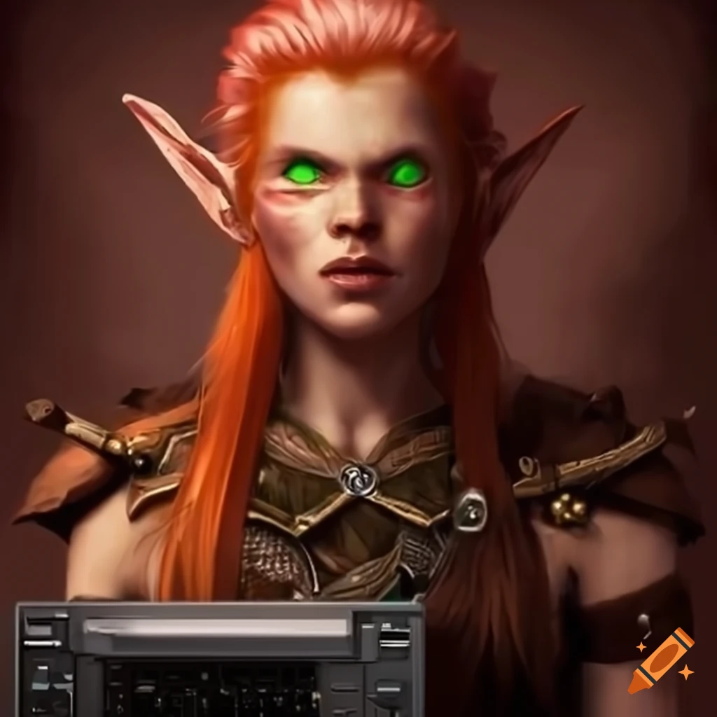 Red-haired elf barbarian puzzled at a computer console on Craiyon