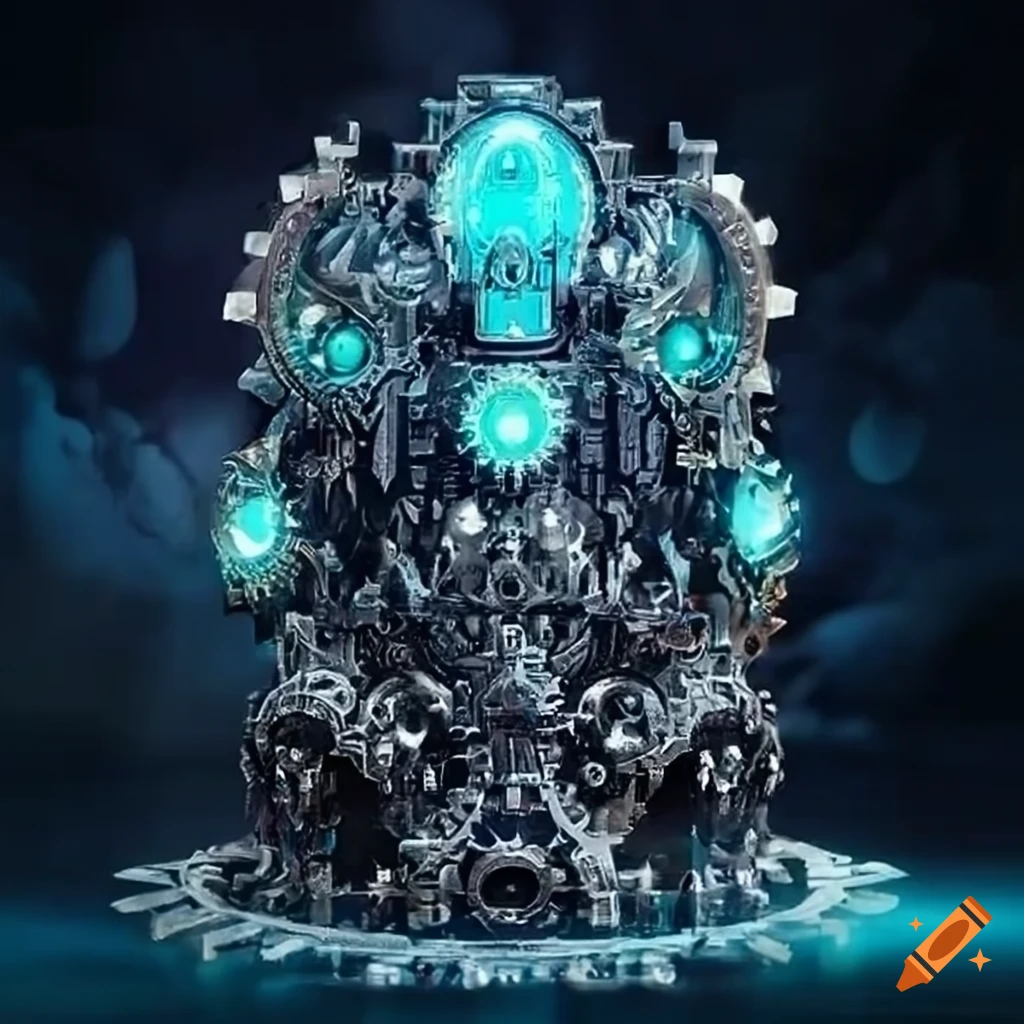 Intricate crystal war machine with cog wheels on Craiyon