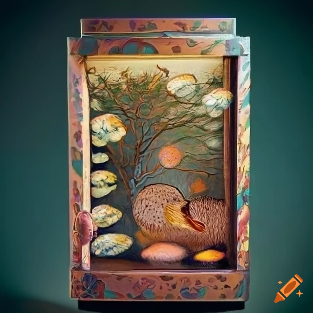 Joseph cornell box with diverse wildlife and flora inspired by salish designs on Craiyon