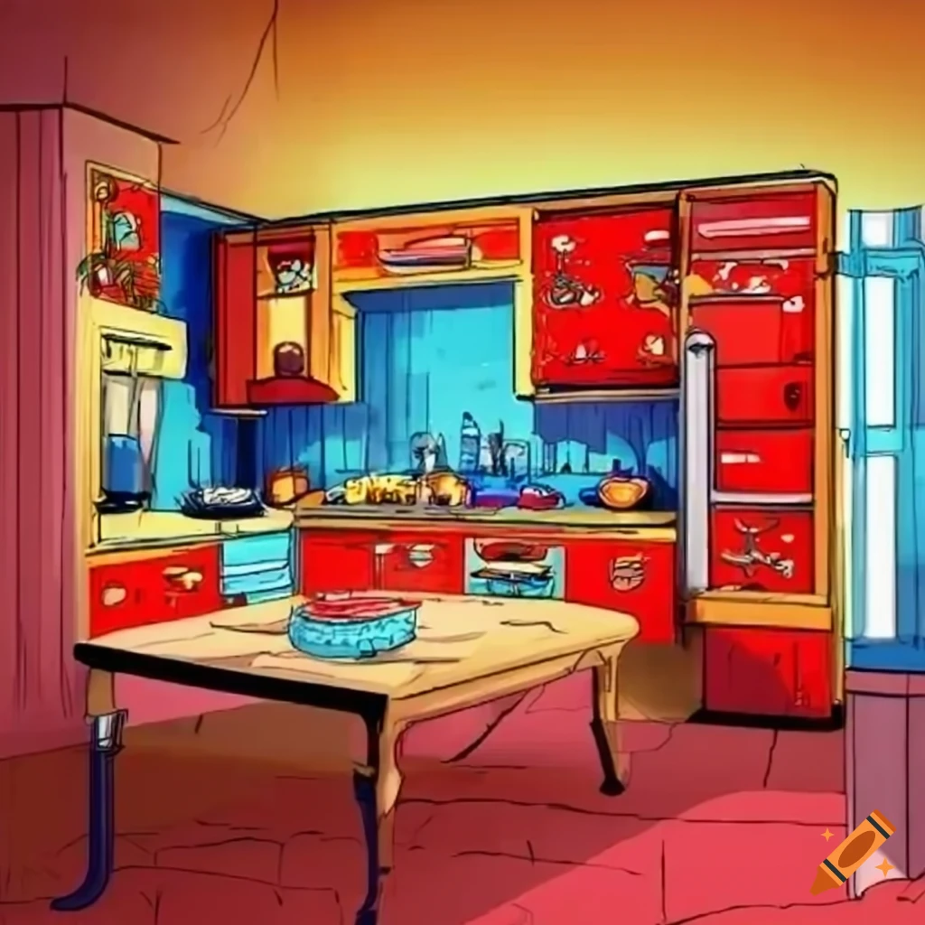 Comic style kitchen with furniture and appliances labeled in spanish on ...