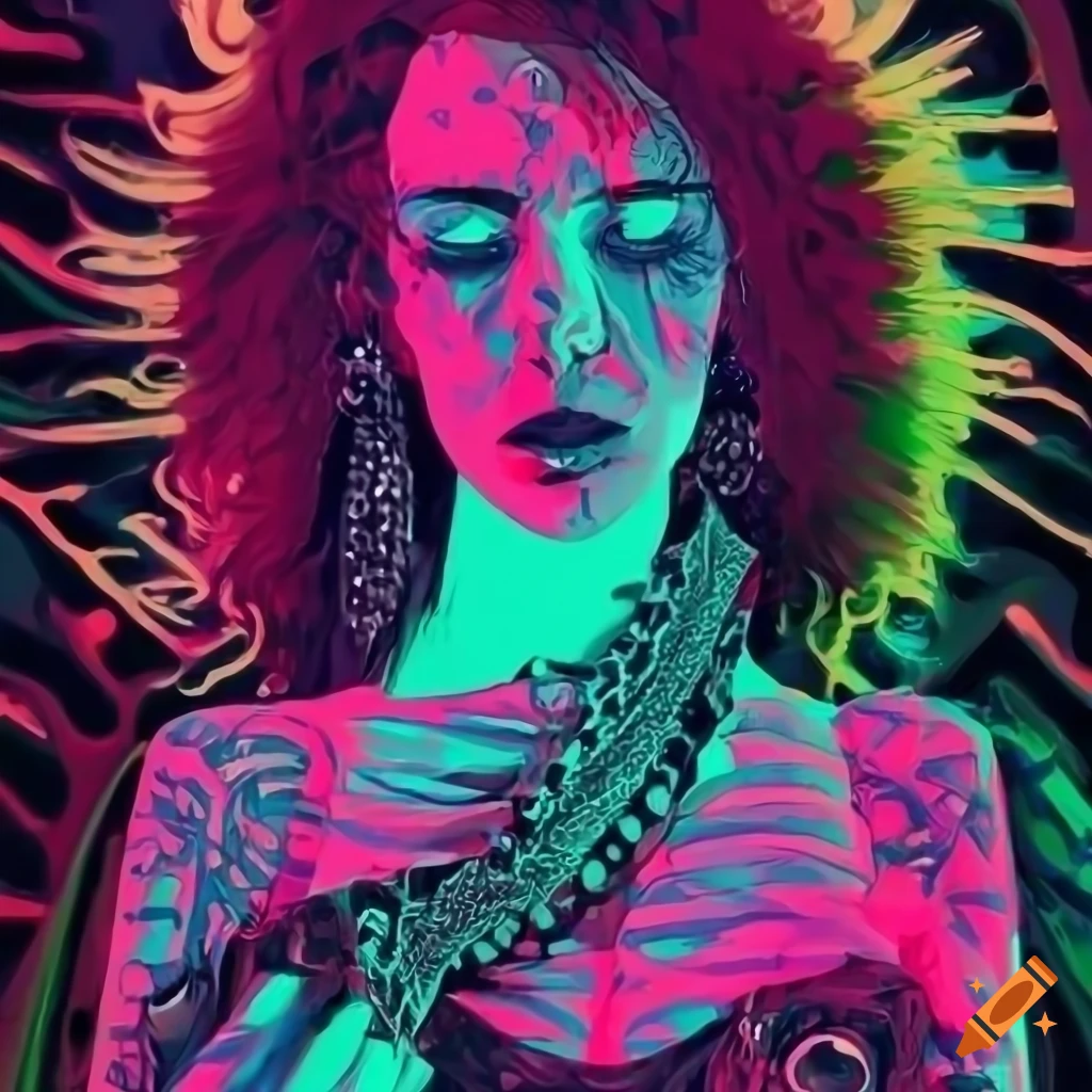 Woman with alternative metal style in a fashion illustration with neon ...