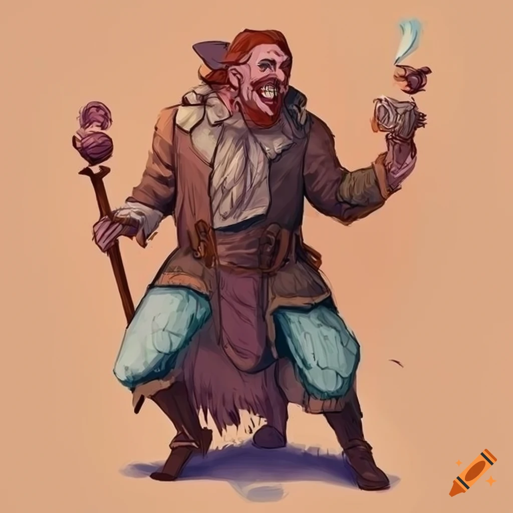 Wiry man with a mischievous grin running a trinket shop in a dnd style ...
