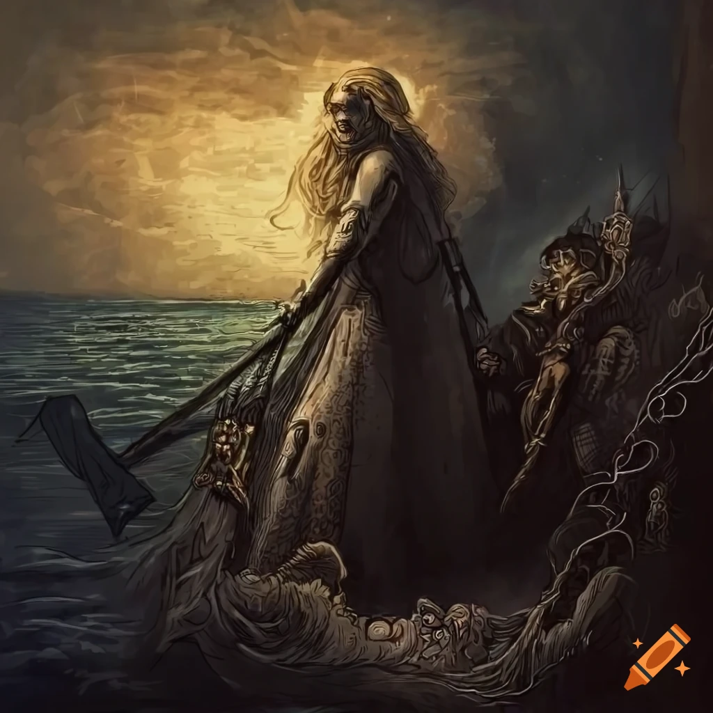 Blonde woman in chainmail armor holding a giant warhammer on a ship at ...