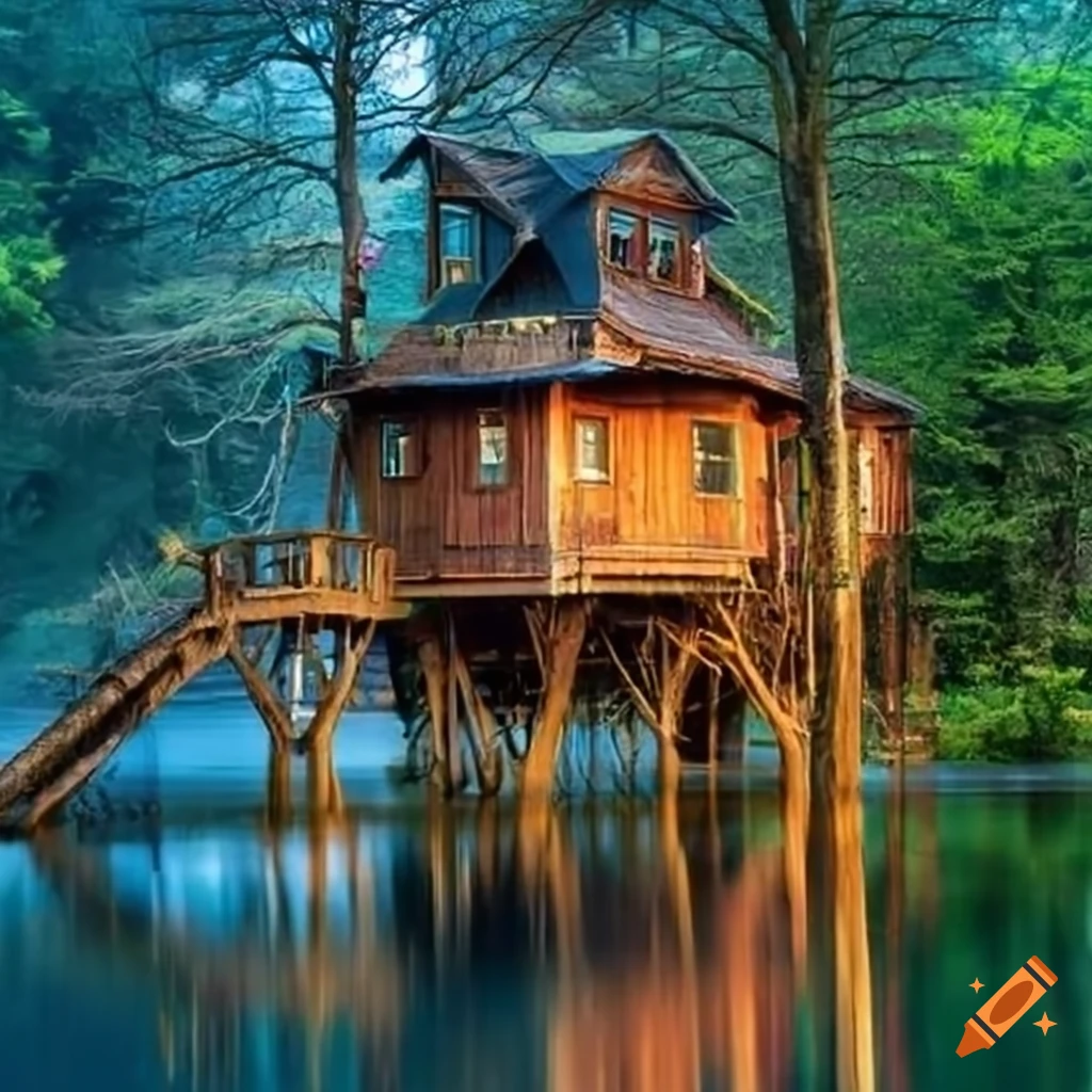Large treehouse over a river with a water wheel on Craiyon