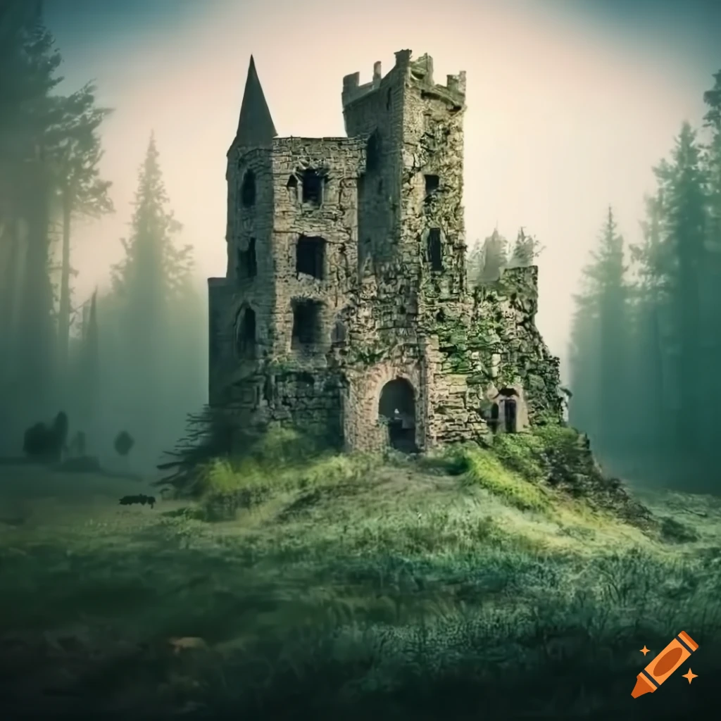 Ruined castle in a forest setting on Craiyon