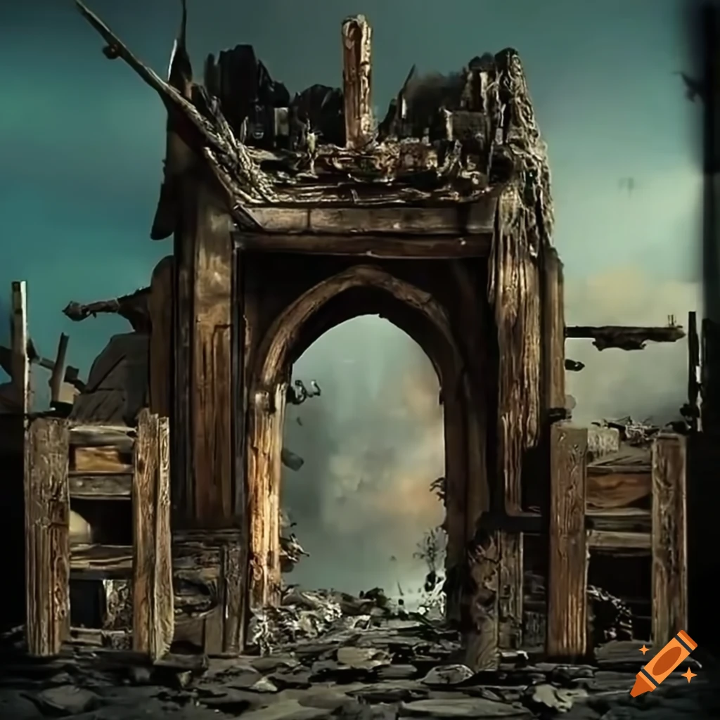 Destroyed medieval wooden city gates on Craiyon