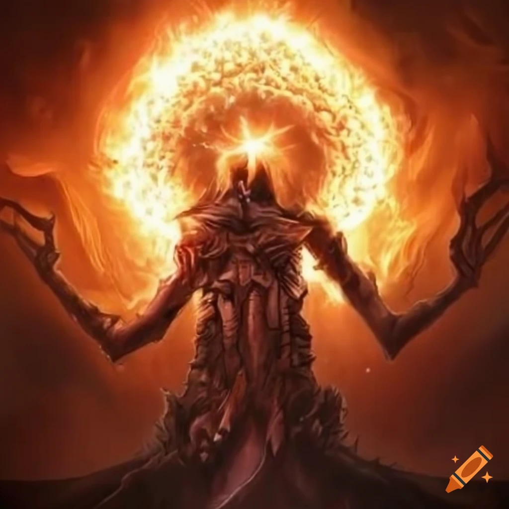 Majestic humanoid being of pure flame emitting intense heat and light ...