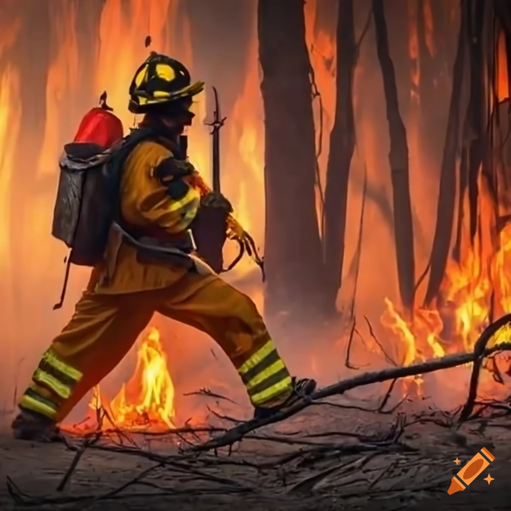 Forest fire being fought by brave firefighters on Craiyon