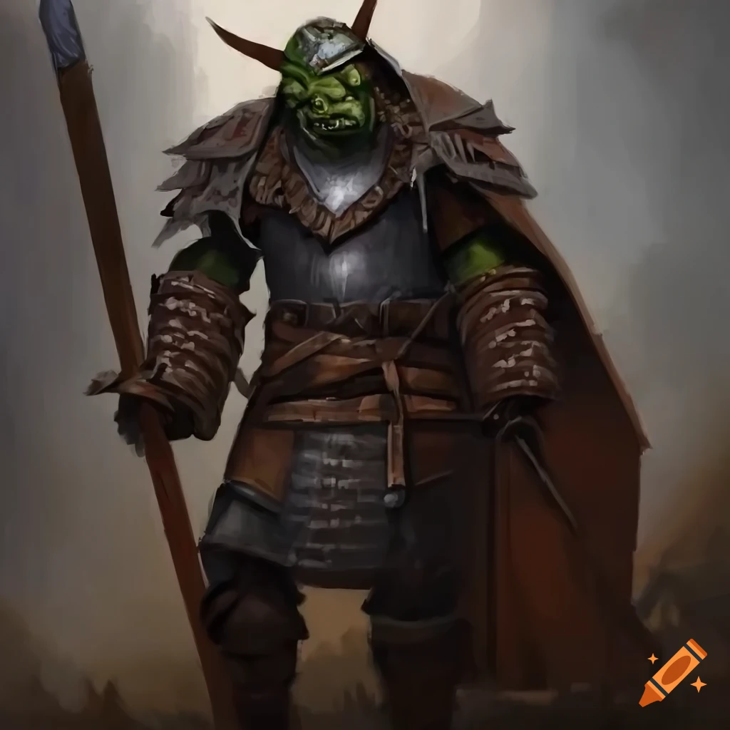 Detailed painting of a tall skinny orc warrior in brown armor inspired ...