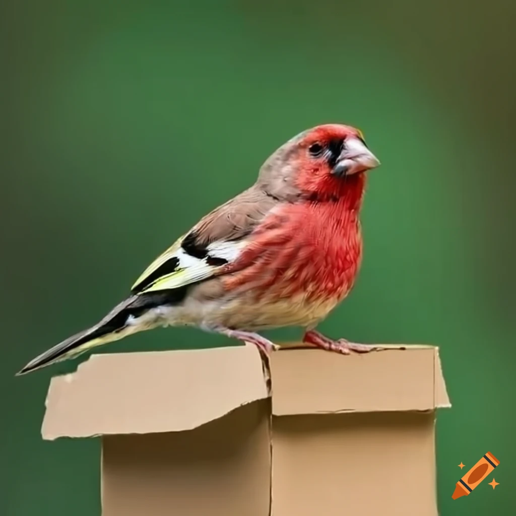 Finch bird perched on a cardboard box on Craiyon