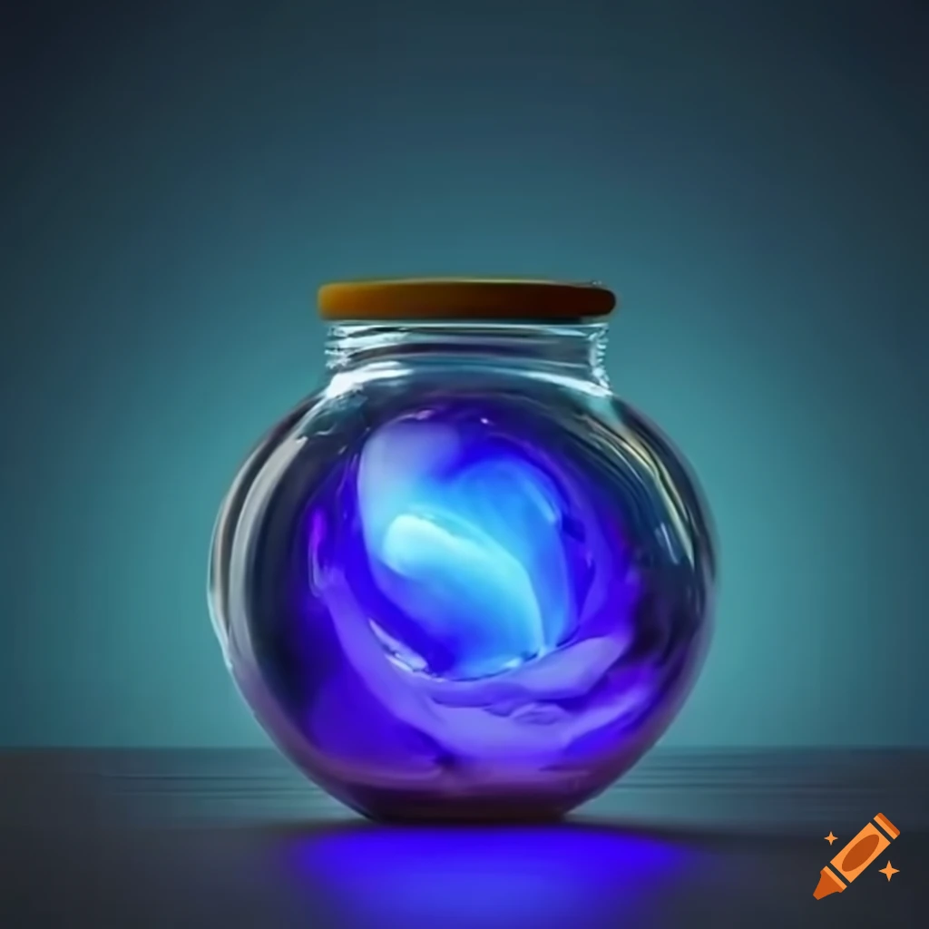 Floating blue energy orb in a plastic jar with mayonnaise on Craiyon