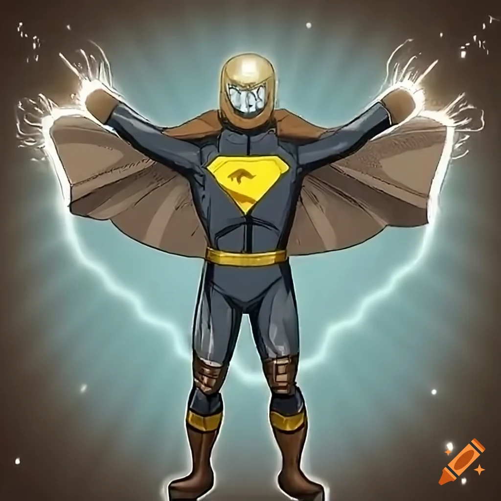 Flying superhero Captain Iodine shooting brown flame beams against an ...