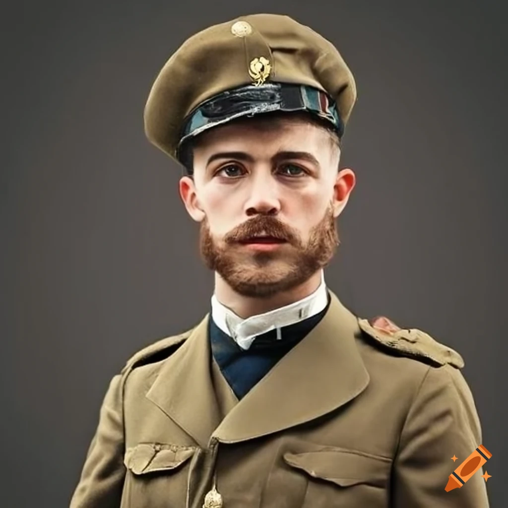 Young man in WW1 era English military uniform with a beard on Craiyon