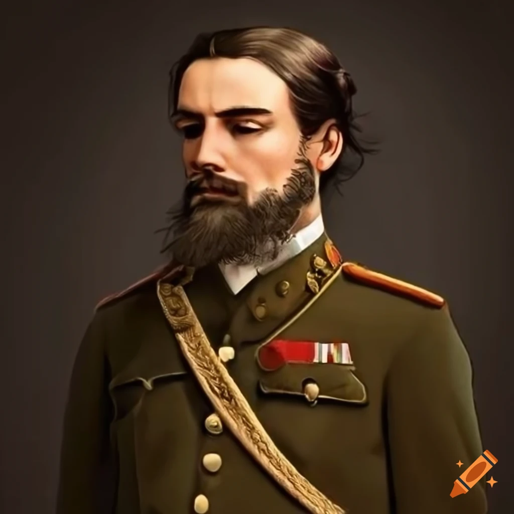 Young man with long hair and beard in english ww1 officer uniform on ...