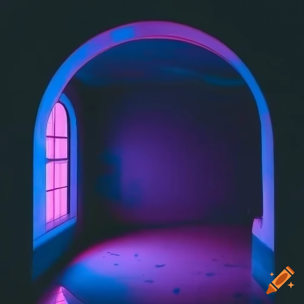Empty room with large arch windows in vaporwave style on Craiyon