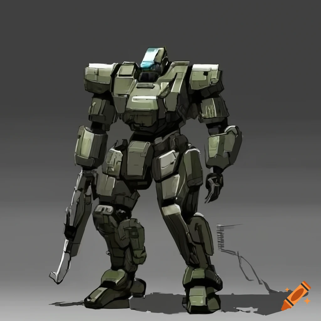 Military mecha with gunmetal color and bulky armor in anime style on ...