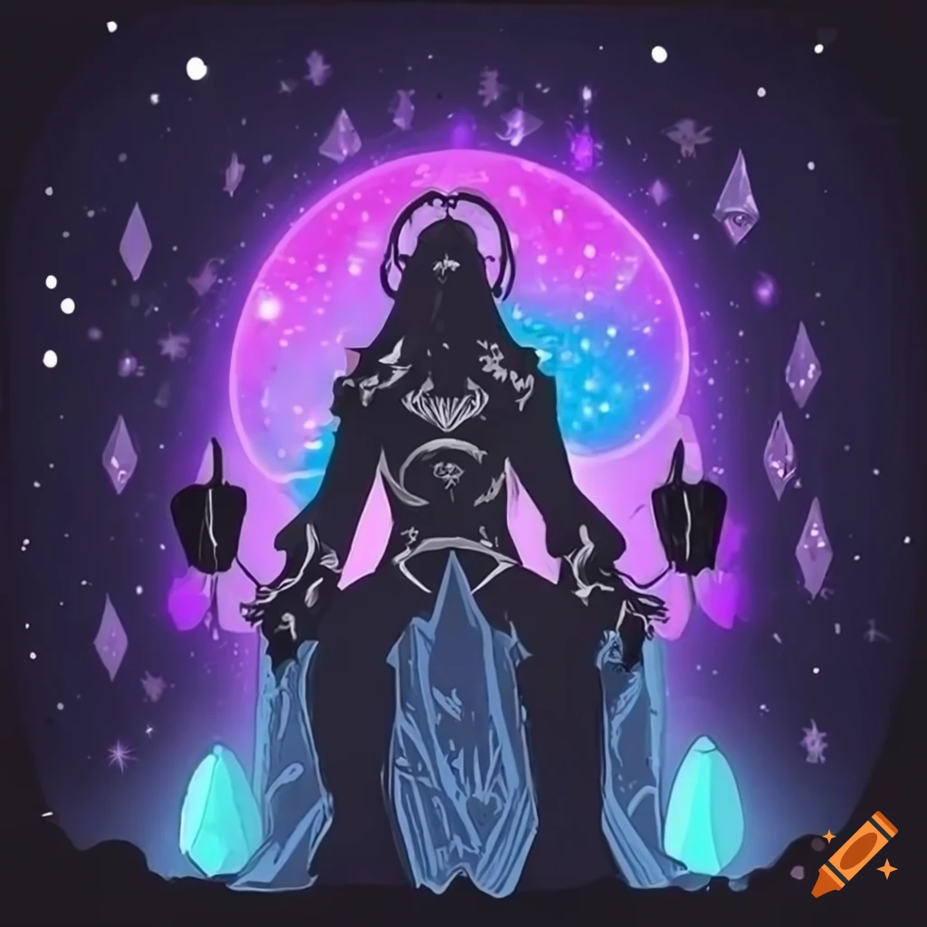 Eldritch god of crystals with a cosmic orb on a cosmic throne on Craiyon