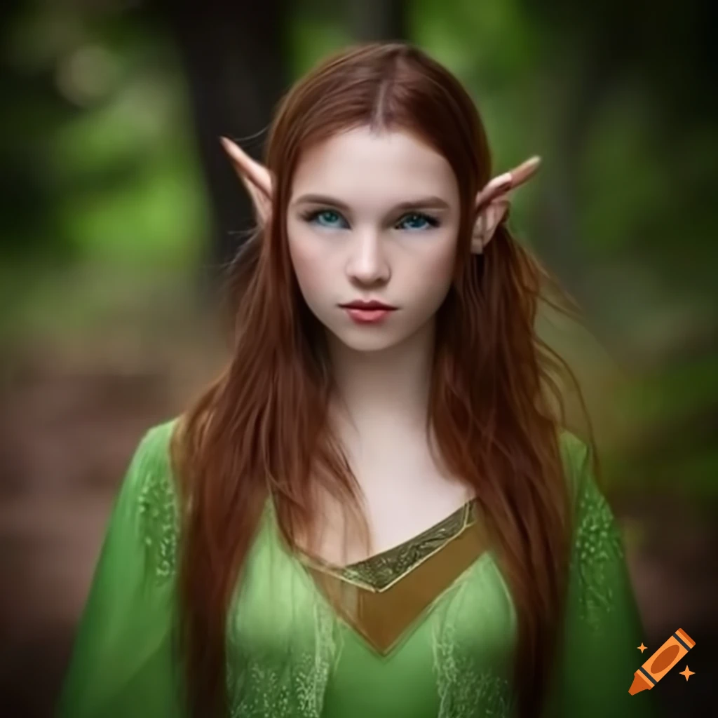 Beautiful and brave female elf in a green tunic on Craiyon