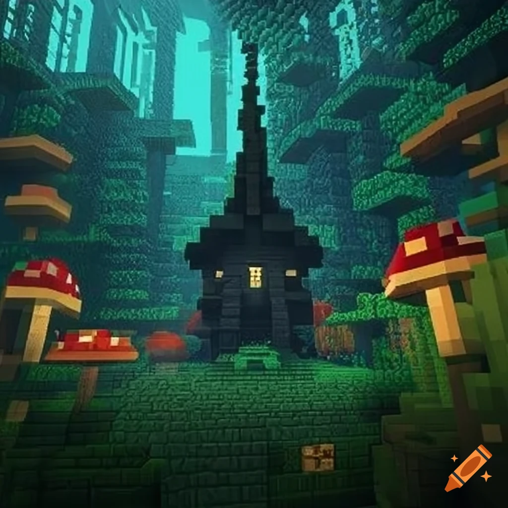 Spooky minecraft witch's tower in an enchanted forest with mushrooms on ...