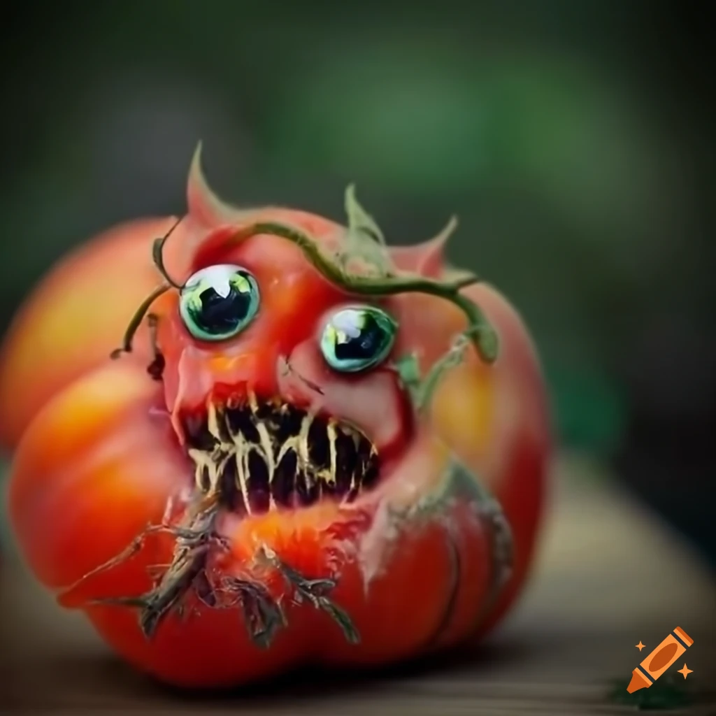 Close-up portrait of the rotten tomato fruit monster in a micro ...