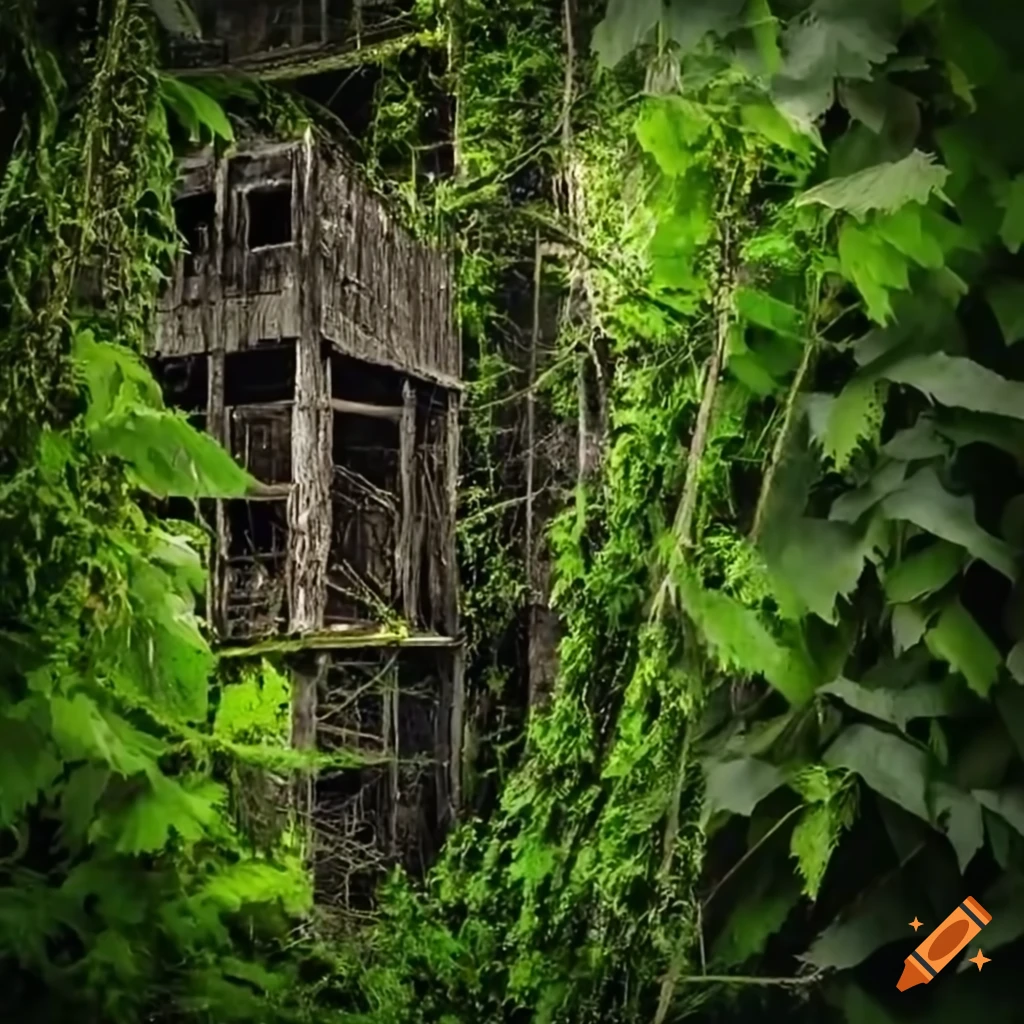 Abandoned wooden tower covered in vines in a forest on Craiyon