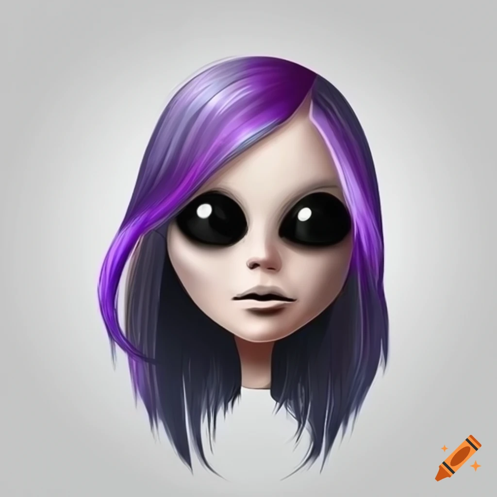 Cartoon grey alien head with a black hair wig and black eyes on Craiyon