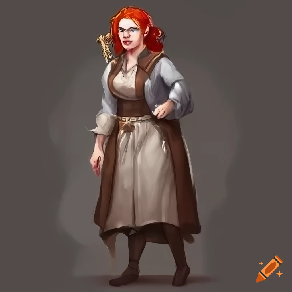 D&d female shopkeeper with red hair and blue eyes on Craiyon