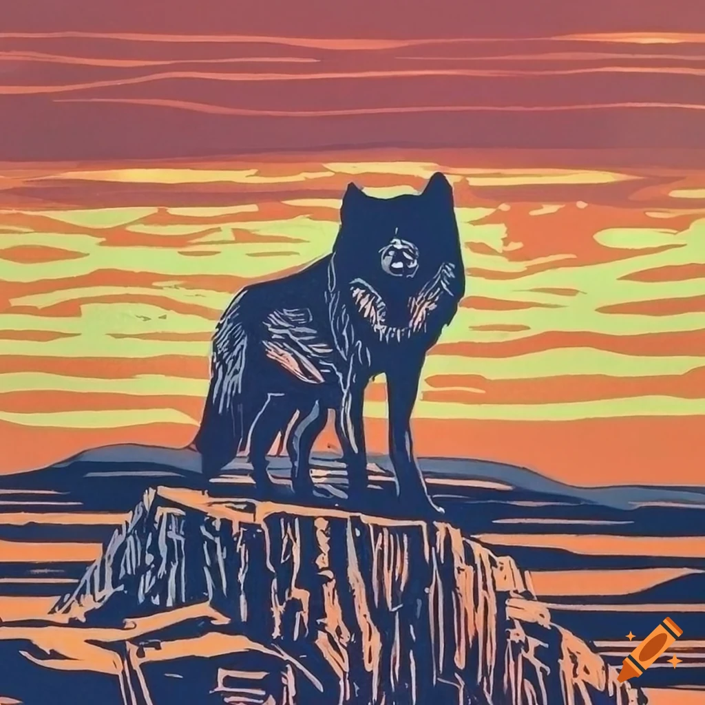 Wolf on a cliff at sunset in linocut style on Craiyon