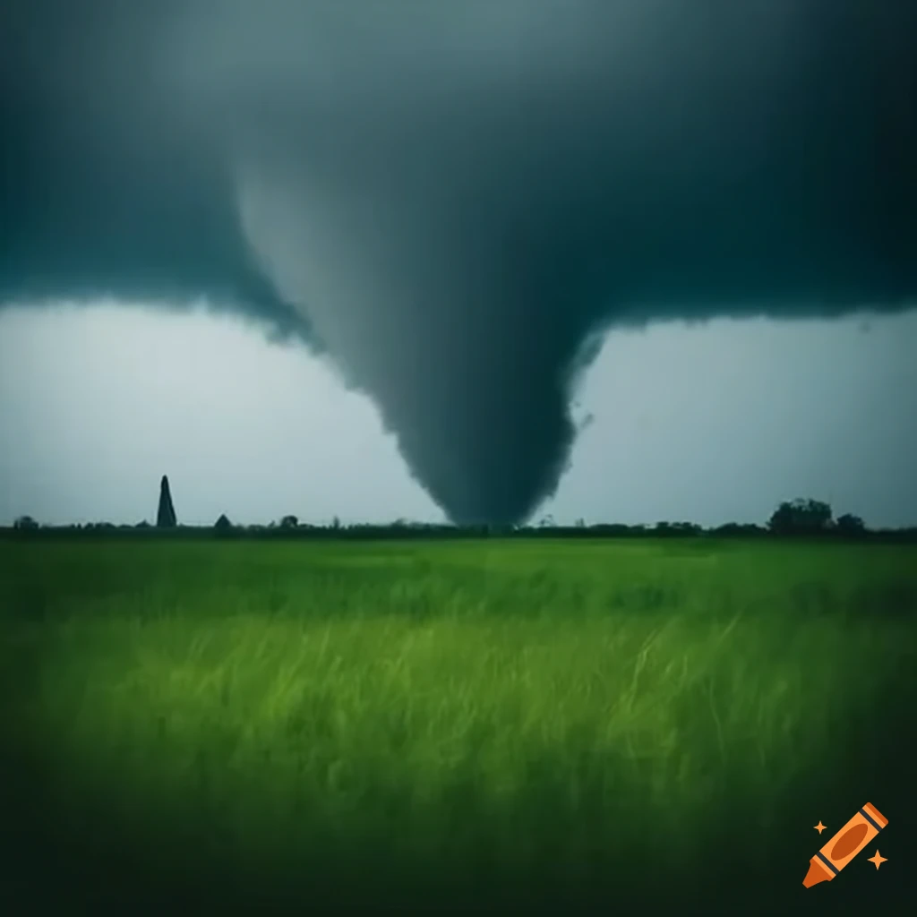 Storm in a grassland near a city with a tornado on Craiyon