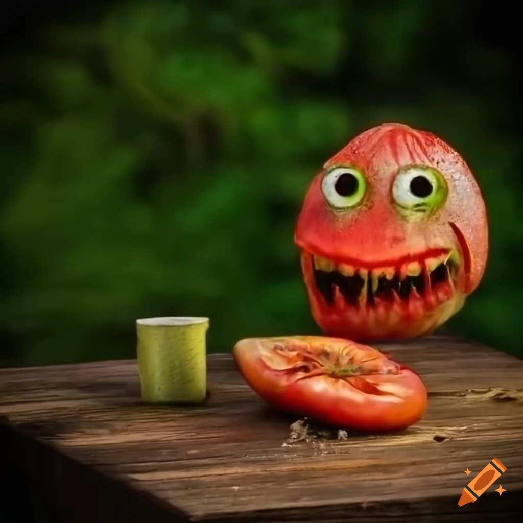Close-up portrait of the Rotten Tomato Fruit Monster in a micro ...