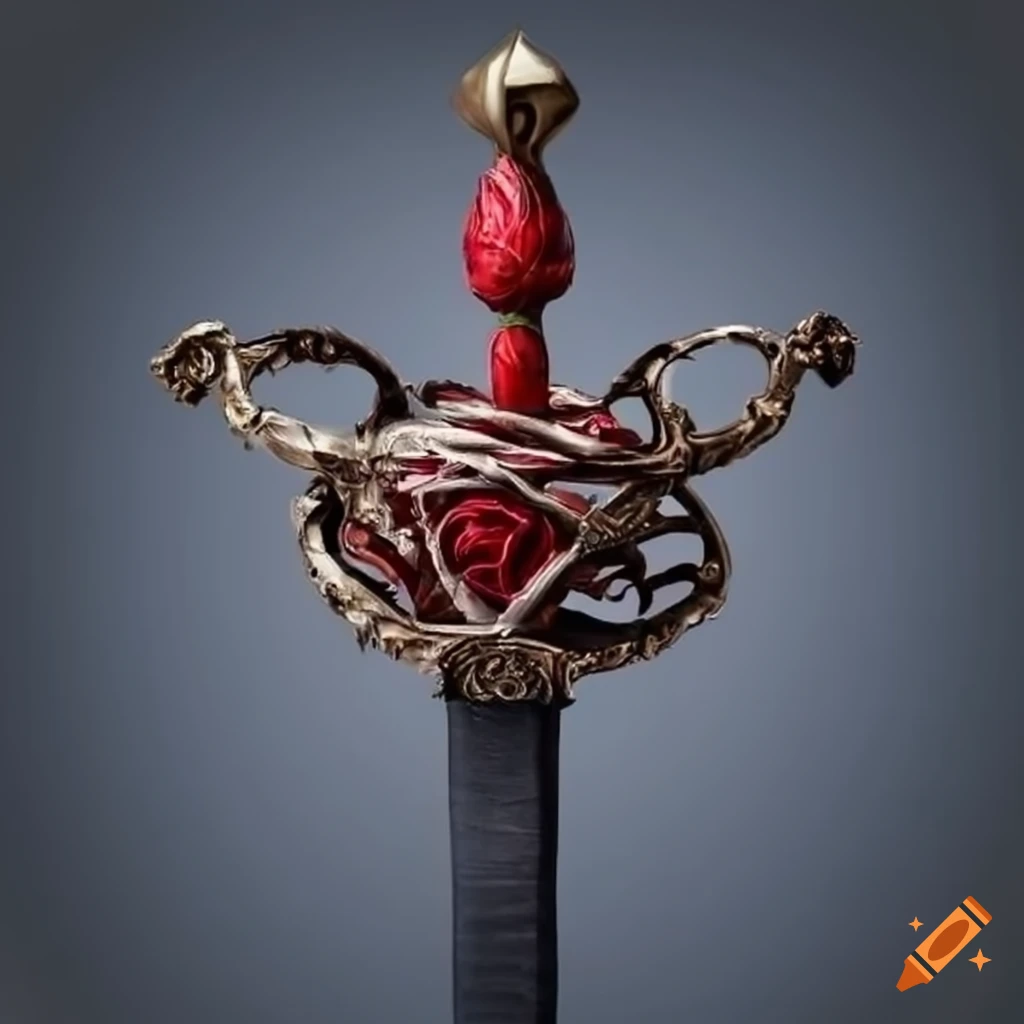 Magical rapier with red rose-shaped guard and thorn-adorned blade on ...